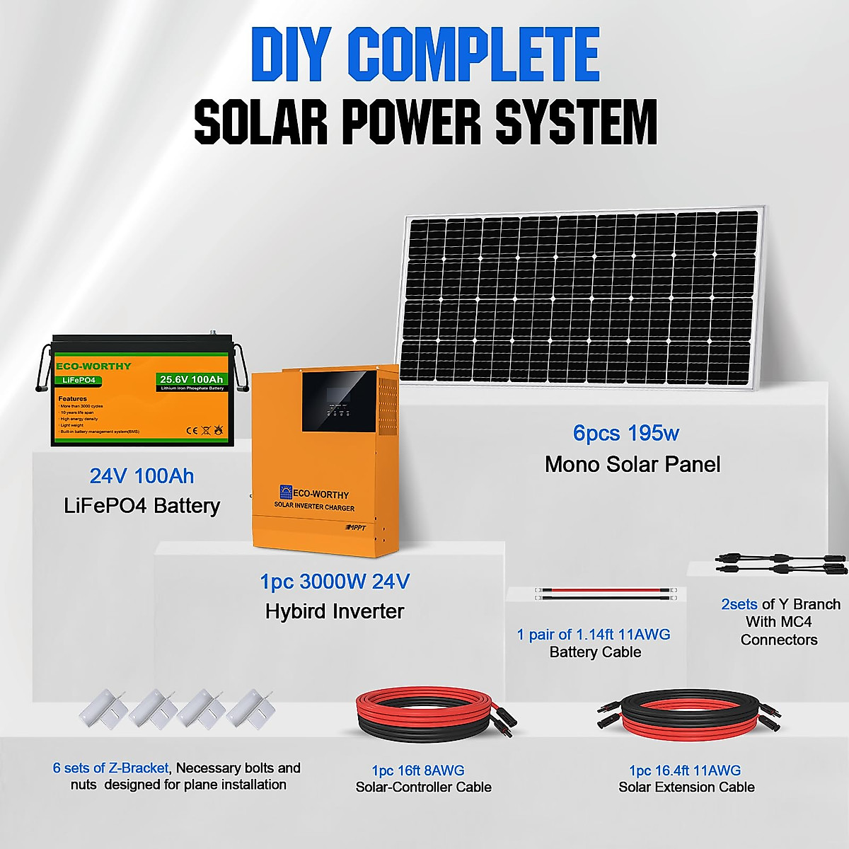 ECO-WORTHY 4.8KWH Solar Power Complete Kit 1200W 24V with Lithium Battery and Inverter for Home: 6pcs 195W Solar Panel + 1pc 25.6V 100Ah Li-Battery + 3000W MPPT Hybrid Charger Inverter