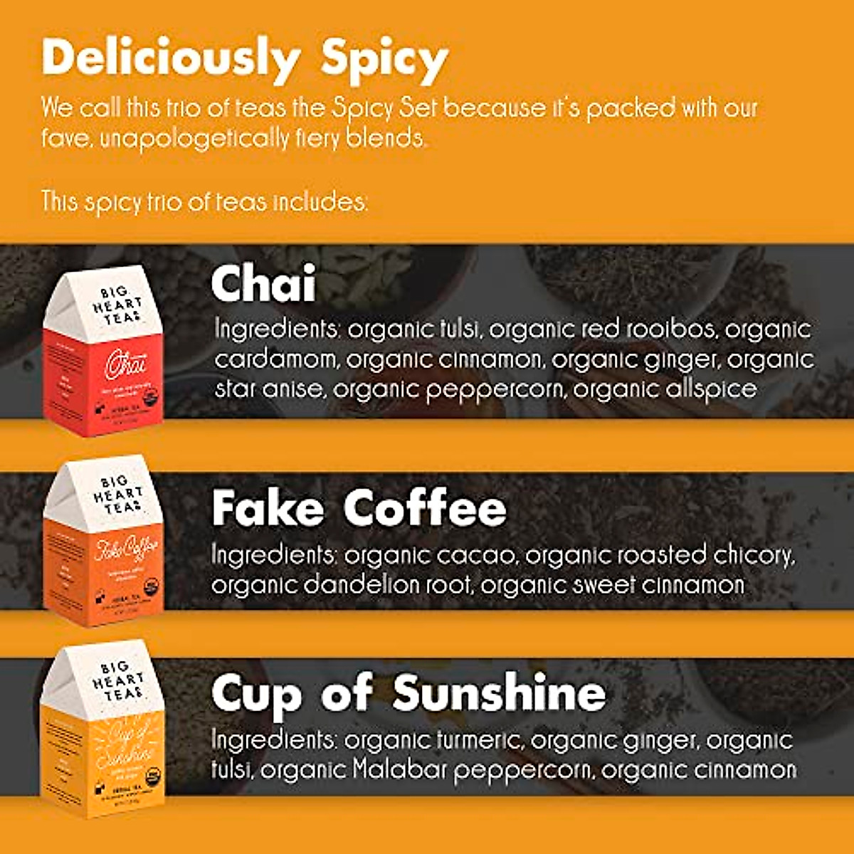 Big Heart Tea Co. Spicy Tea Bags Gift Set - Certified Organic, Ayurvedic Herbal Tea - Small Batch Ground Herbs, Spices in Zero Plastic Sachets - Healthy Tea Variety Box - 3 Flavors, 30 Pack