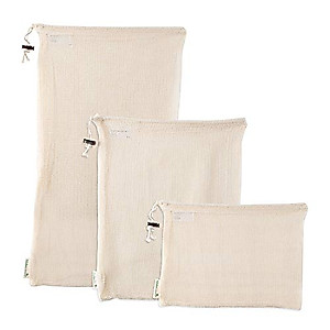 Kitchen Details 3 Pack Reusable Cotton Mesh Produce Bags | Green Living | Fruit and Vegetable Bags & Organizers | Good for Grocery Shopping | Natural Beige