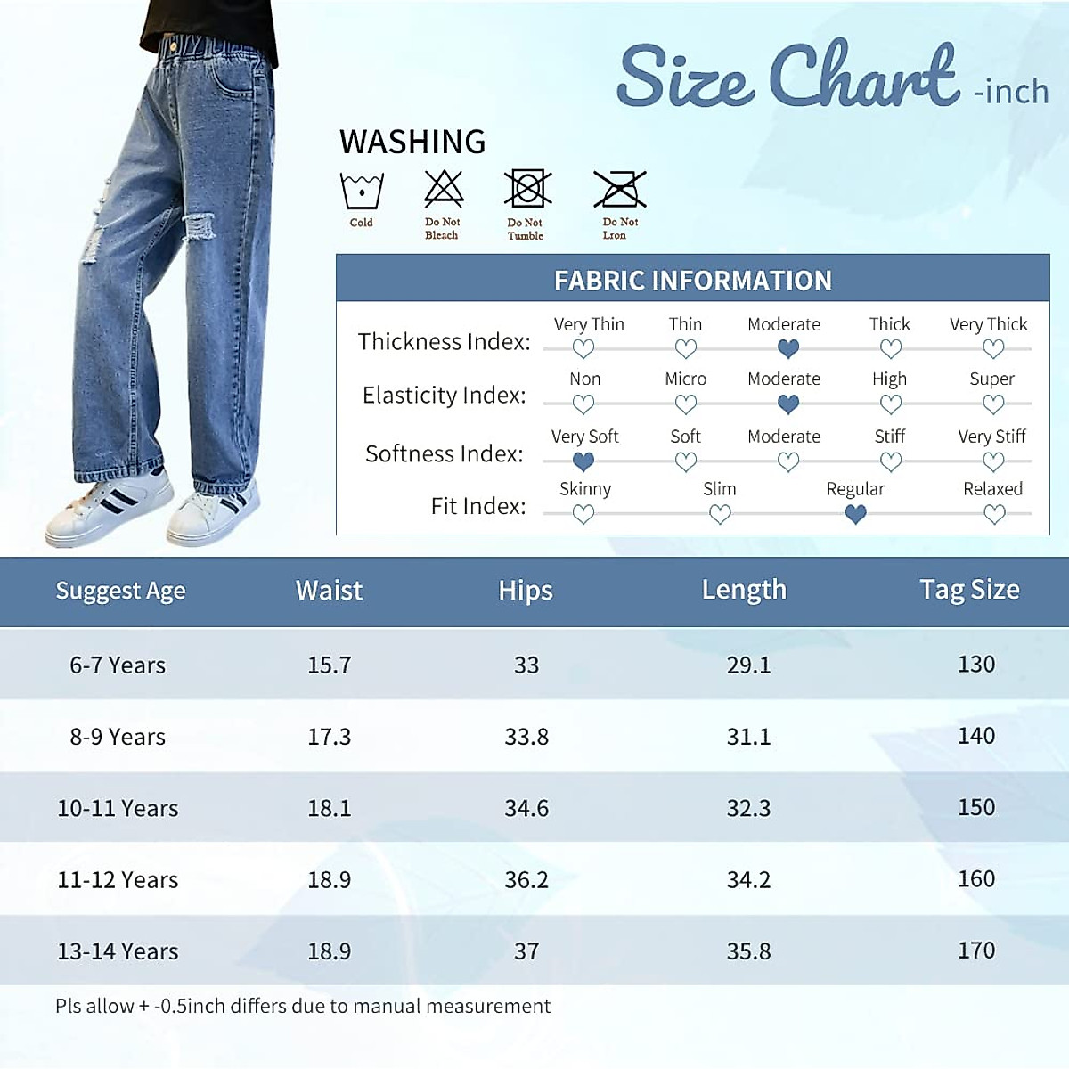 Rolanko Girls Skinny Ripped Jeans Mid-Rise Elastic Wide Leg Baggy Denim Pants for 4-14 Years (Blue Hole, 12-14)