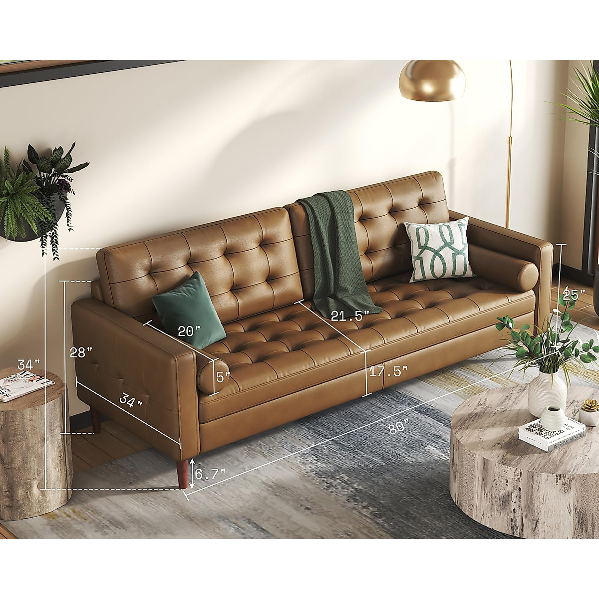 AMERLIFE Genuine Leather Sofa, Mid-Century Modern Leather Couch,3 Seater with Tufted Back, Comfy Sofa for Living Room-Brown Full Grain Leather Couch