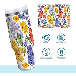 linqin Colourful Florals White Vacuum Tumbler Insulated with Lid and Straw 30 oz Running Water Bottle Reusable Travel Coffee Mug for Home, Office or Car
