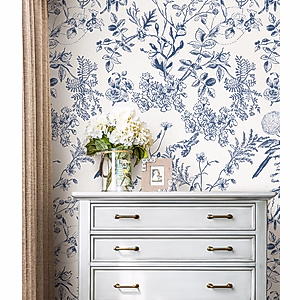 Safiyya Peel and Stick Wallpaper Floral Birds Contact Paper Blue and White Wallpaper Peel and Stick Modern Wallpaper Boho Wallpaper Removable Self Adhesive Wallpaper Vinyl Rolls 118"x17.3"