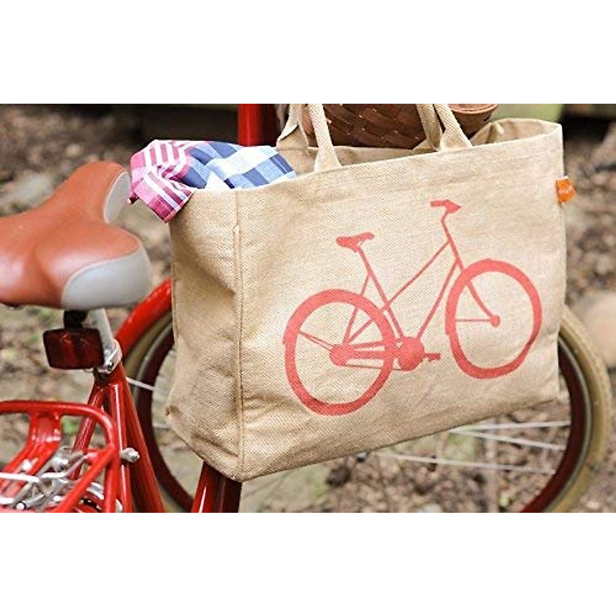 KAF Home Jute Market Tote Handles Reusable Grocery Bag, Triple Stripe