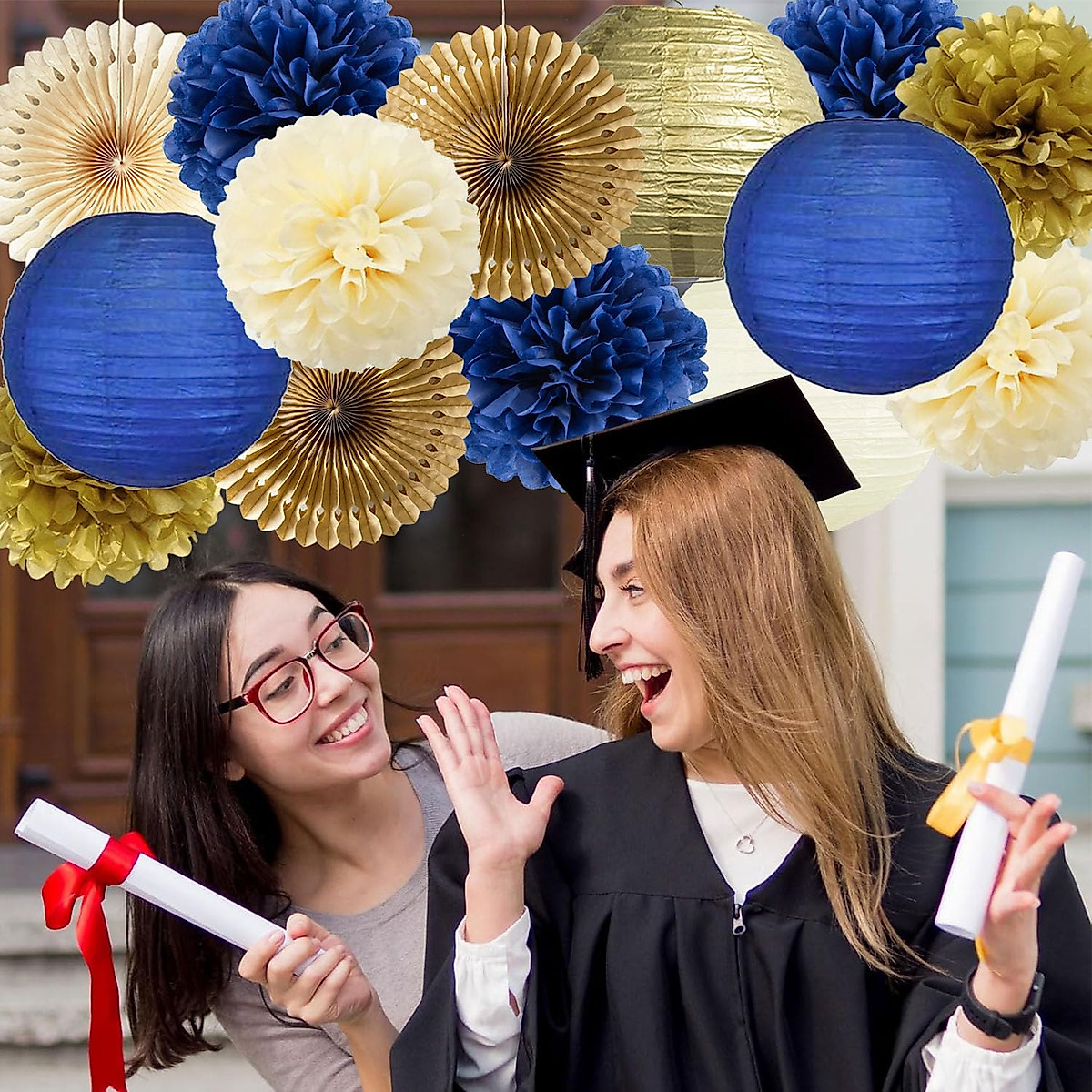 Navy Blue and Gold Party Decoration Navy Blue Cream Paper Lanterns Hanging Paper Fans Tissue Pom Pom Flowers for Men Birthday Wedding Baby Shower 2024 Graduation Party Decoration