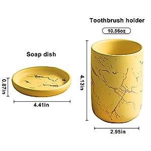USYUEGLV Ceremic Bathroom Accessory Set, 4 Pieces Marble Look Complete Bath Decor Kit Includes Lotion Soap Dispenser, 2 Toothbrush Holder/Tumbler and Soap Dish (Yellow (Four Piece))