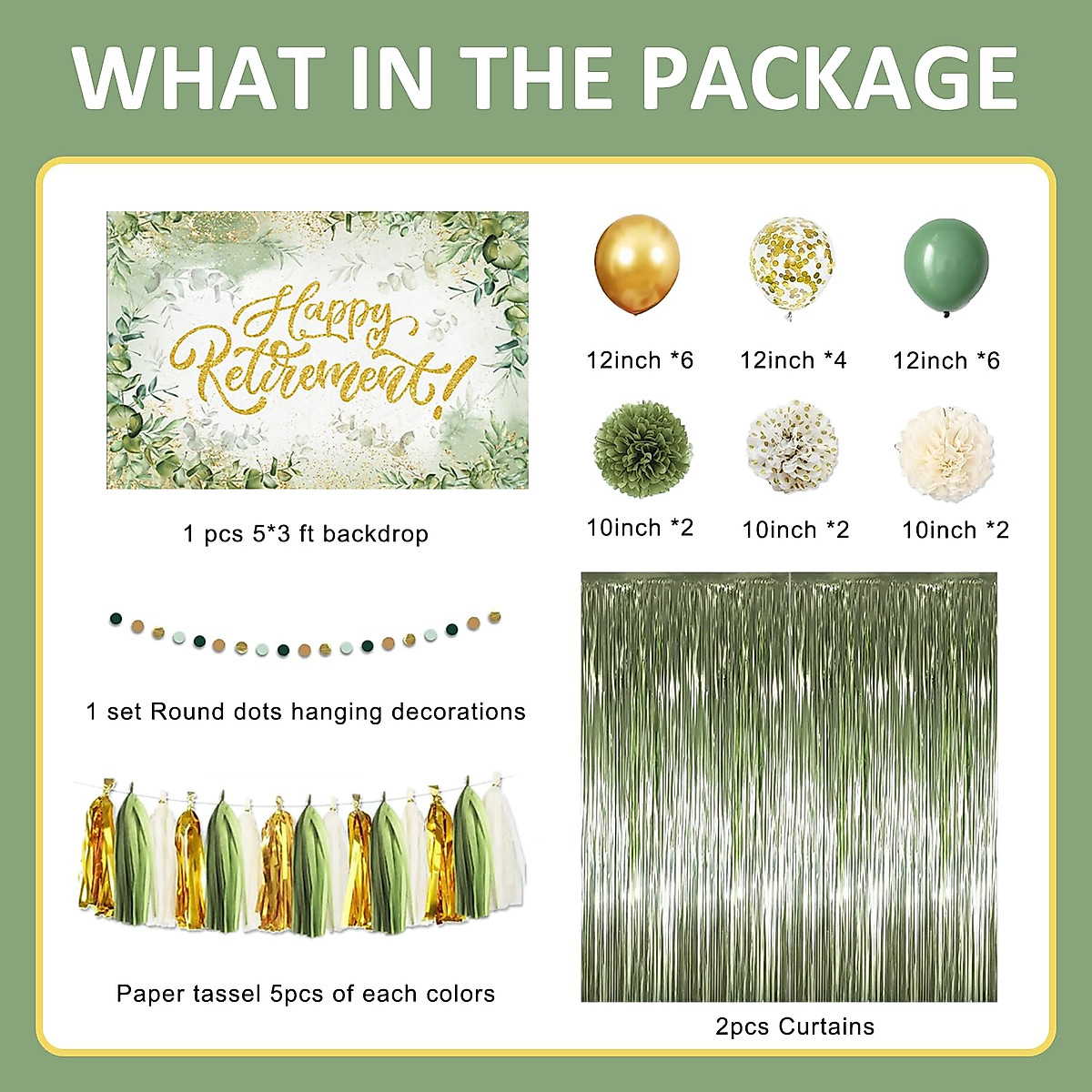 Sage Green Retirement Party Decorations - Happy Retirement Banner Foil Curtains Backdrop Tissue Paper Pom Poms Latex and Confetti Balloons for Retirement Party Supplies