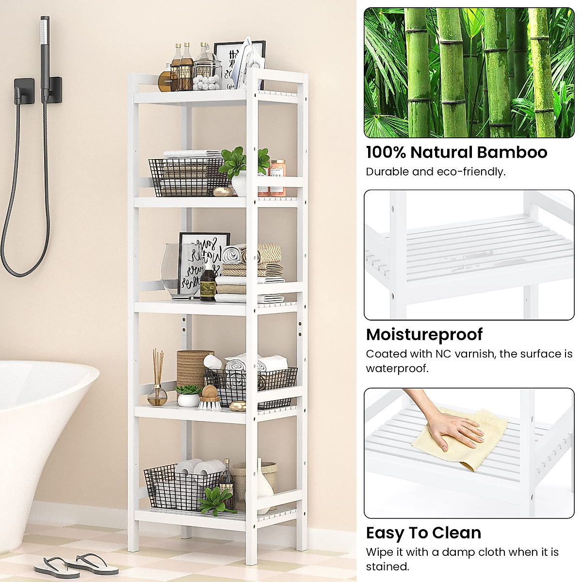 Homykic Bamboo Bookshelf, 5-Tier Narrow 55.9” Adjustable Book Shelf Bookcase Bathroom Shelves Freestanding Storage Stand for Living Room, Bedroom, Kitchen, Rust Resistance, Easy Assembly, White