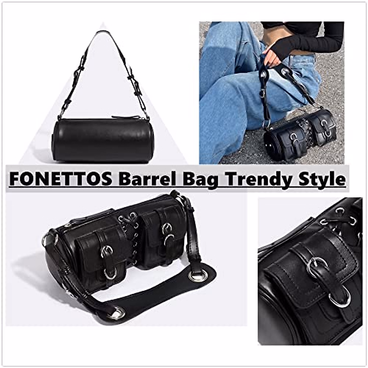 FONETTOS Y2K Barrel Bag, Punk Sourpuss Gothic Shoulder Purse Cool Rock Style Handbag