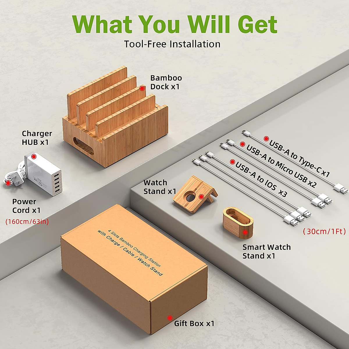Pezin & Hulin Bamboo Charging Station for Multiple Devices with 5 Port USB Charger, 5 Cables, Watch&Earbuds Stand, Electronic Device Desktop Organizer for Cellphone, Tablet, Watch, Earbuds