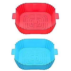Air Fryer Silicone Liners (2-Pack), Reusable Square Air Fryer Liners Heat Resistant Silicone Air Fryer Liners Air Fryer Accessories For 4 To 7 Qt Air fryers (Red+Blue)