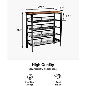 MIERES 5-Tier Shoe Rack, Industrial Shoe Storage Organizer with 4 Metal Mesh Shelves, Sturdy and Easy Assembly, Perfect for Entryway/Hallway/Closet/Bedroom, Rustic Brown, 29.5”l x11.8 ”w x 33.5”h