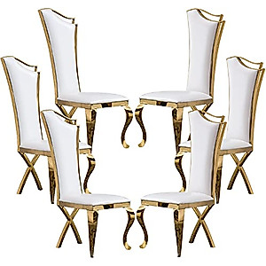 Goderfuu Dining Chairs Set of 6 - Kitchen Dining Room Chairs White Leather Dining Chairs with High Gloss Stainless Steel Gold Legs, Modern Dining Chairs Kitchen Chairs White Accent Chairs Side Chairs