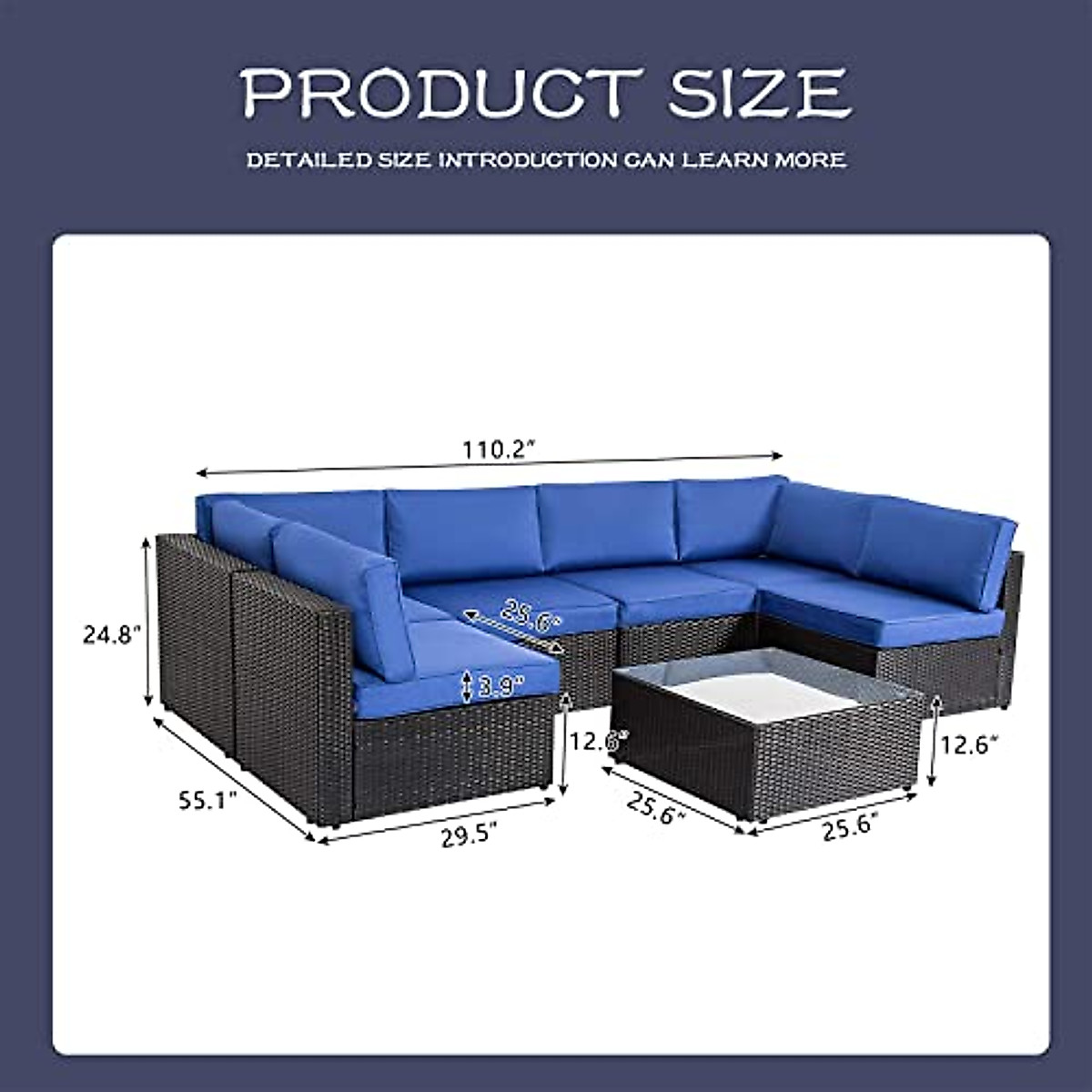 J-SUN-7 7 Pieces Outdoor Patio Furniture Set, All Weather Black PE Rattan Wicker Sofa Set, Sectional Furniture Sofa Couch Set with Dark Blue Cushions and Glass Table for Garden Porch Poolside