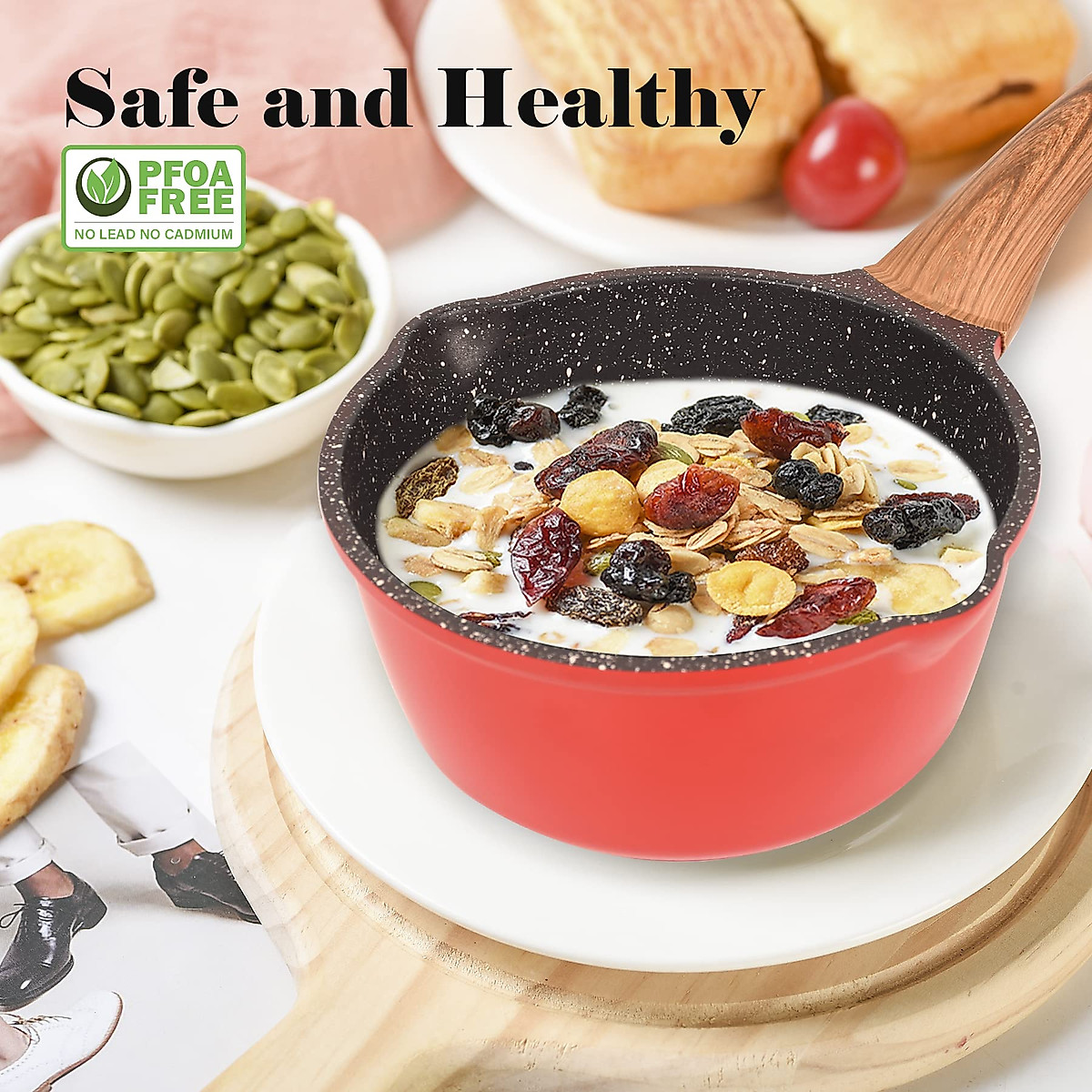 MINLUFUL Nonstick Saucepan with Lid, 1.8 Quart Classic Red Granite Coated Pasta Soup Pot for All Stovetops, 7 Inch Small Sauce Pan for Cooking Sauce Soup and Milk