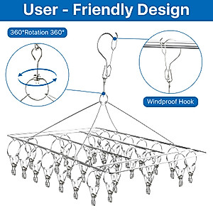 Akamino 4 Pcs Hanging Drying Rack,Stainless Steel Herb Drying Rack with 30 Stainless Clips,Collapsible Swivel Drying Rack Windproof Hook for Drying Herb Air Plants,Flowers,Towel,Bras,Lingerie, Sock