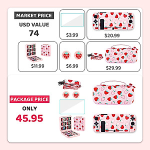 GLDRAM Pink Strawberry Carrying Case Bundle for Nintendo Switch Accessories, Cute Travel Case Kit with Soft TPU Cover, Game Case, Glass Screen Protector, Thumb Grip Caps, Shoulder Strap for Girls