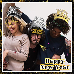 Wavyknot 72 Pcs New Years Eve Party Supplies 2025 Include Happy New Year Eyeglasses Headband Tiara and New Year Party Fringed Noise Makers 2025
