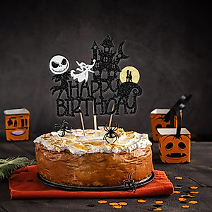1Pc Halloween Happy Birthday Cake Topper Glitter Jack and Sally Pumpkin Bat Castle Ghost Halloween Cake Pick for Halloween Theme Baby Shower Kids Birthday Party Cake Decorations Supplies