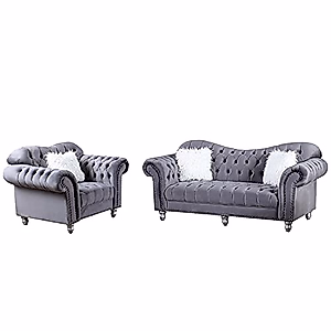 Morden Fort Chesterfield Sofa, Chair and Sofa for Living Room Furniture Sets, 2 Pieces Classic Velvet Tufted Couches, Grey