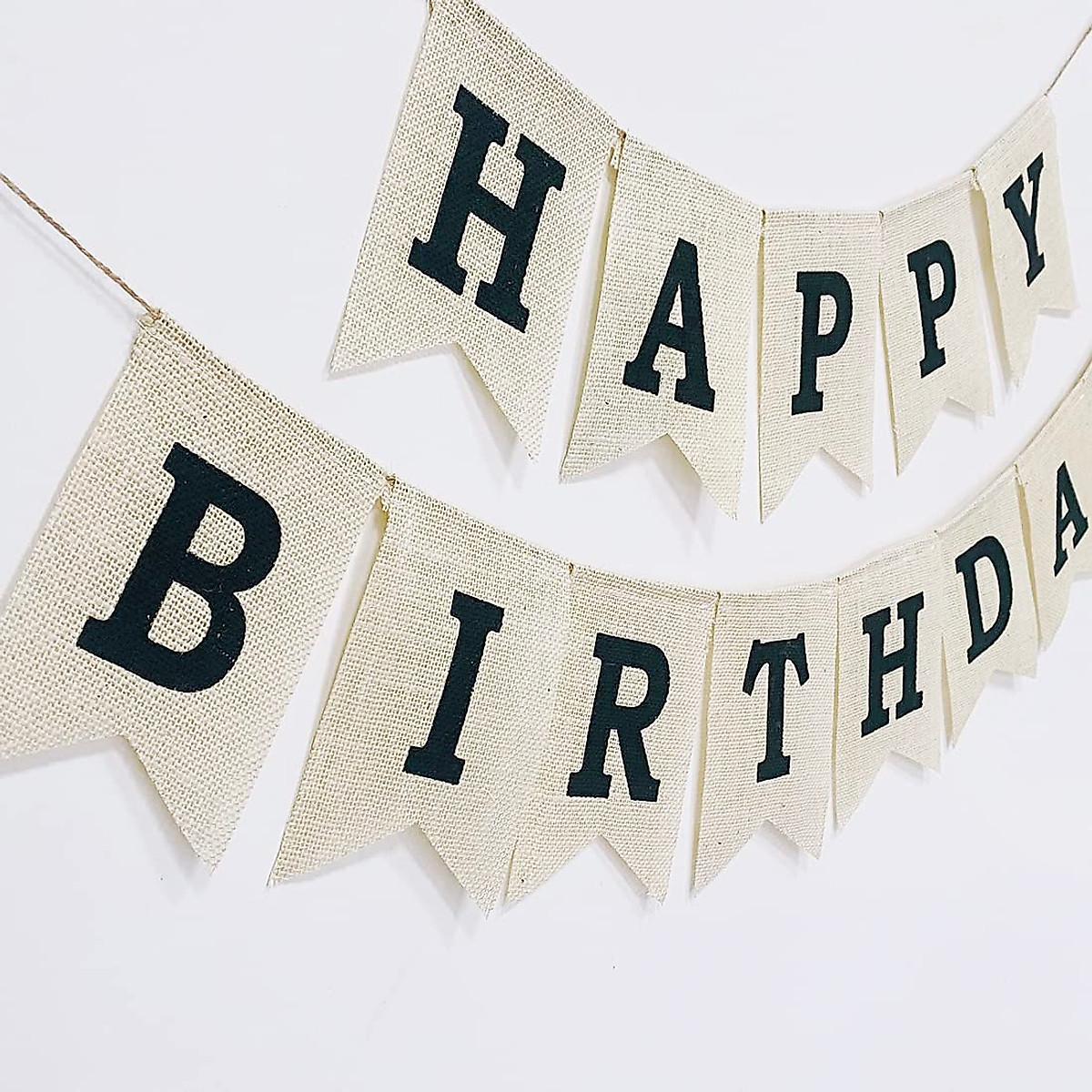 Burlap Happy Birthday Banner, Assembled Reusable Black Happy Birthday Sign for Rustic Birthday Party Decorations