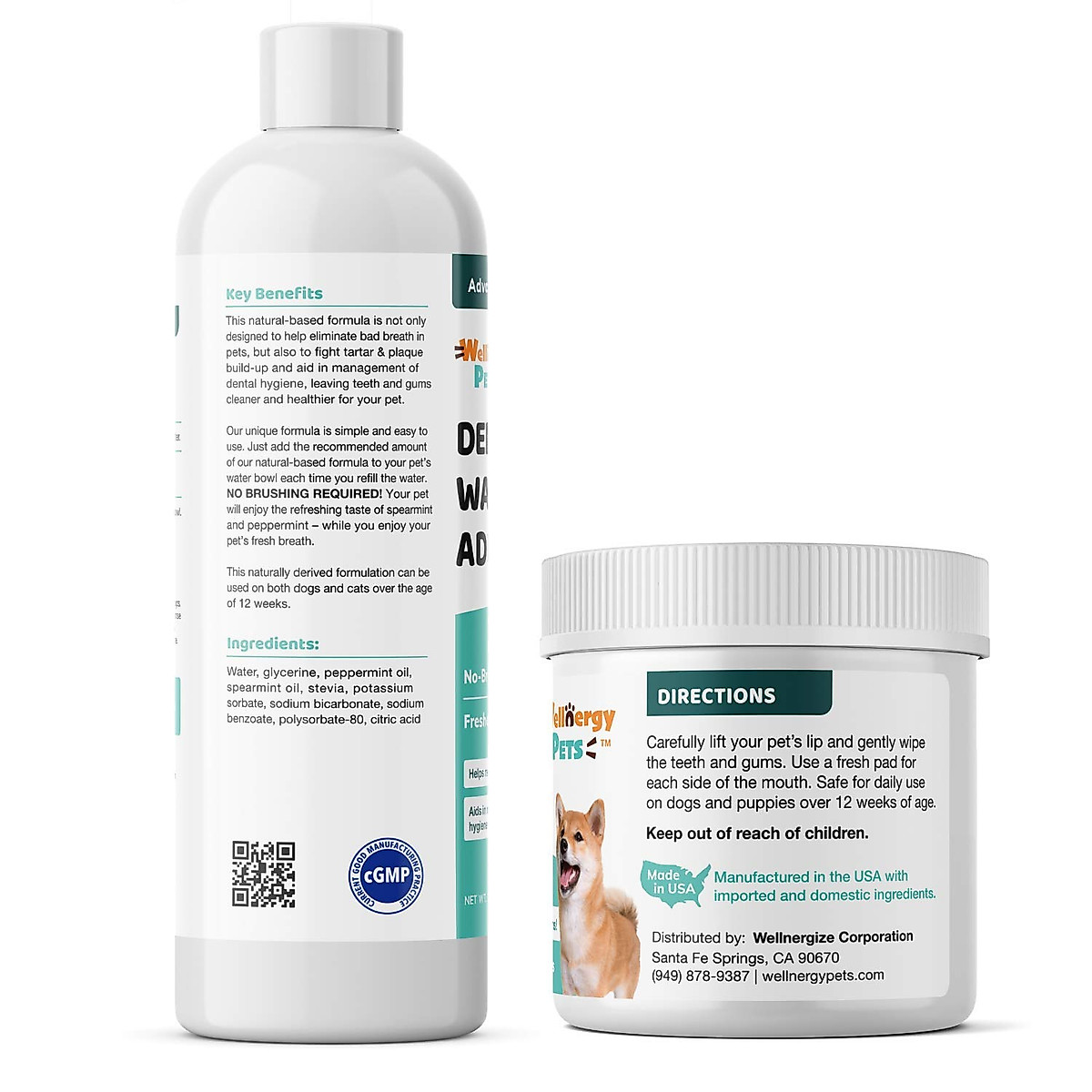 Wellnergy Pets Dental Care Combo for Dogs & Cats - Dental Water Additive 16 fl oz & Dental Wipes 100 Pads - Improves Oral Hygiene, No Brush Formula