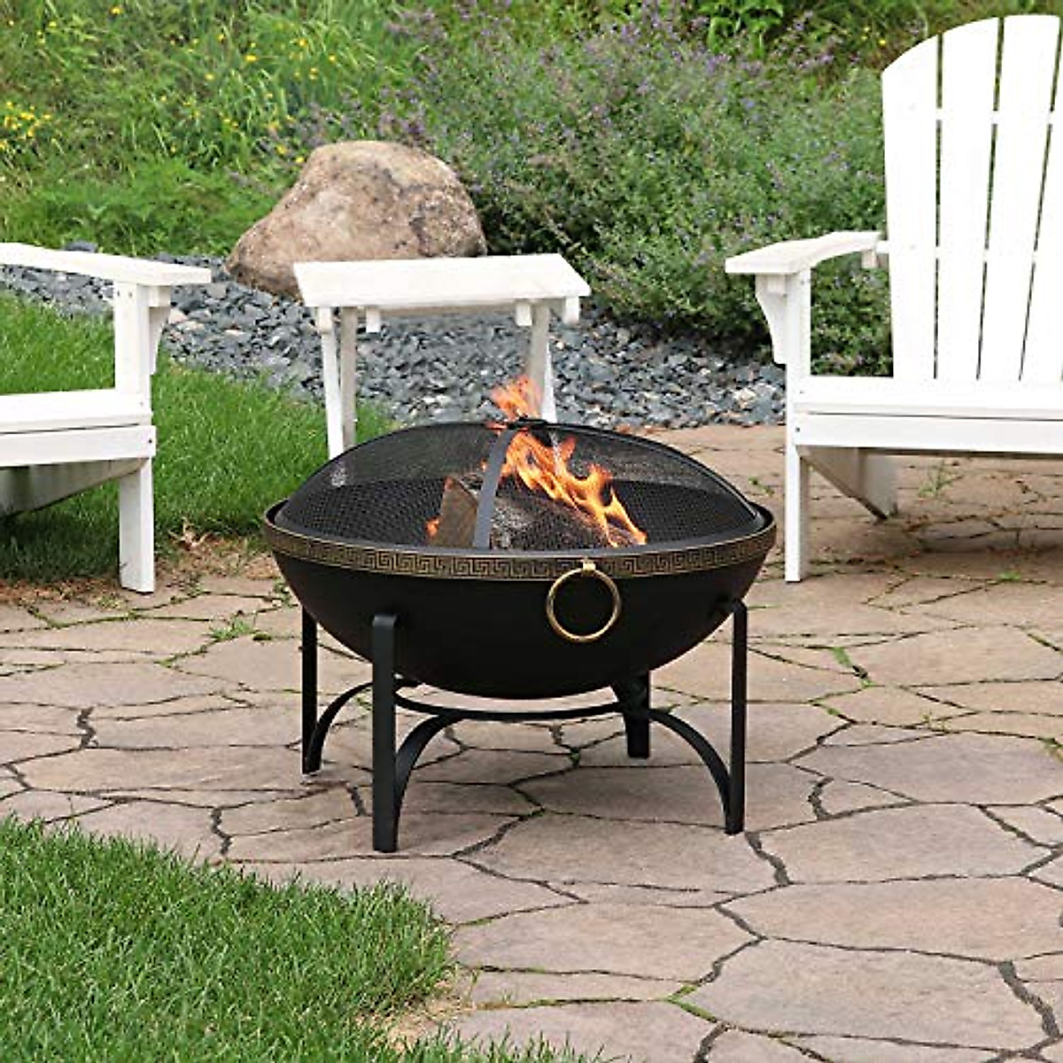 Sunnydaze 26-Inch Diameter Contemporary Steel Outdoor Wood Burning Fire Bowl with Handles and Spark Screen - Outside Metal Backyard Bonfire Patio Fire Pit