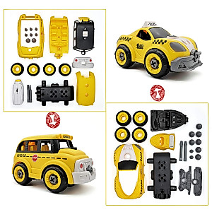 QUN FENG Take Apart Toys with Electric Drill|Remote Control Car 2 in 1 Construction Truck School Bus Taxi|Gift Toys for Boys 3,4,5,6,7 Year Olds|2.4G Stem Building Learning Toys