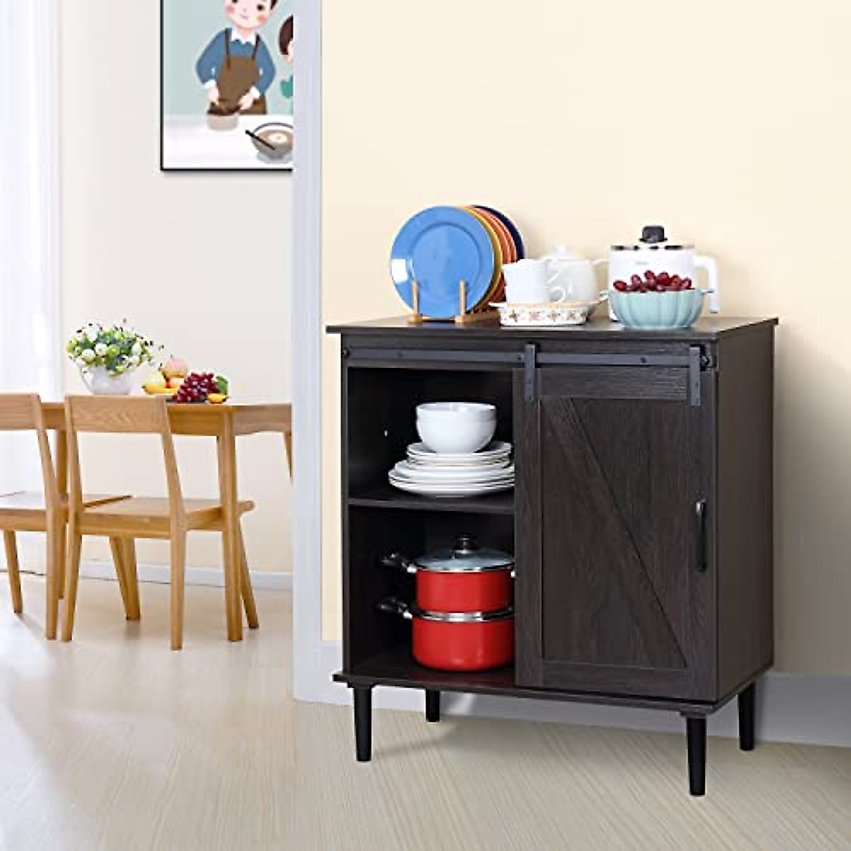 Finnhomy Farmhouse Sideboard Buffet Cabinet with Sliding Barn Door, Kitchen Storage Cabinet, Coffee Bar Cabinet, Accent Cabinet, 31.5X 15.75 x 34.65Inch, Dark Gray