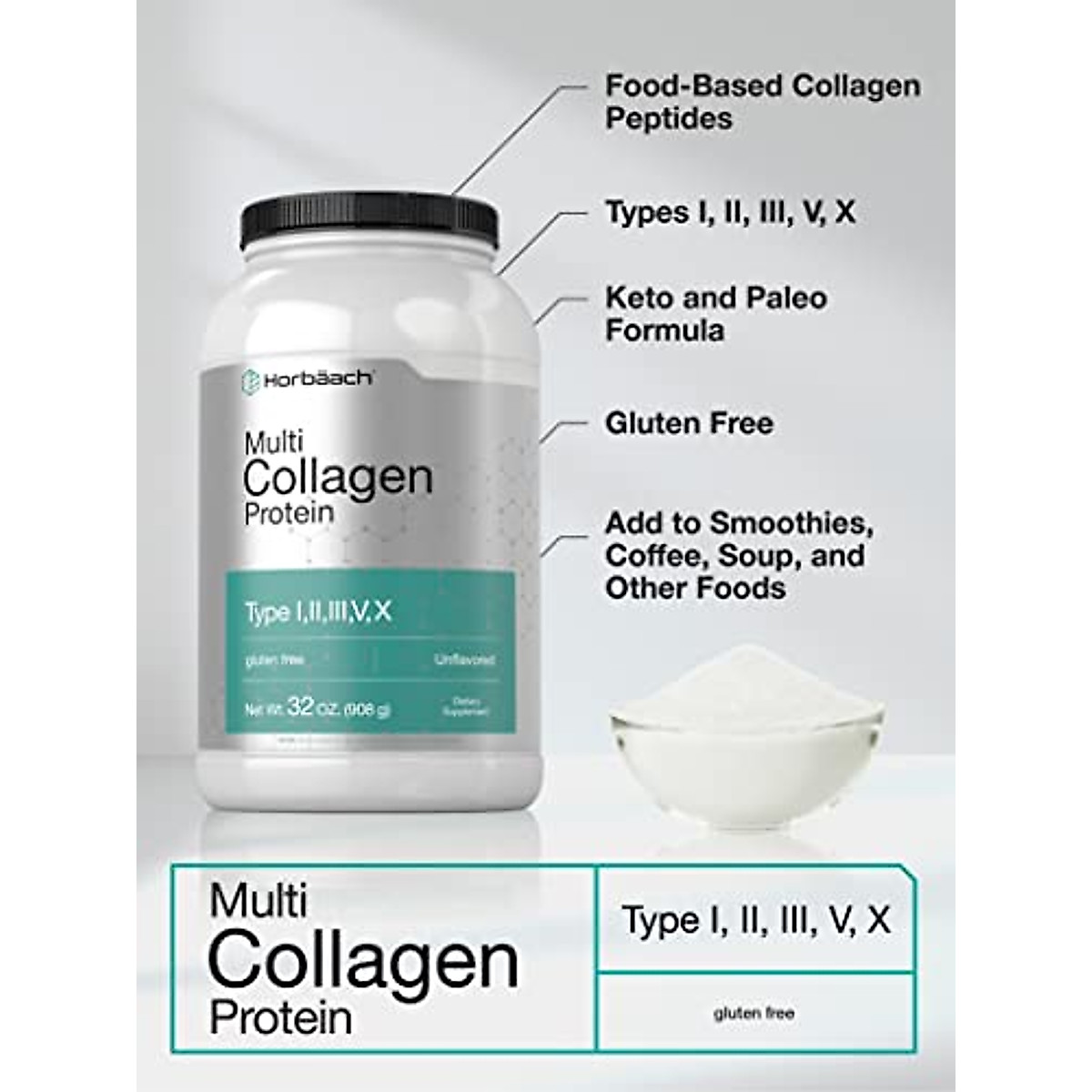 Multi Collagen Protein Powder 32 oz | Type I, II, III, V, X | Hydrolyzed Collagen Peptides | Keto & Paleo Friendly | Unflavored & Gluten Free | by Horbaach