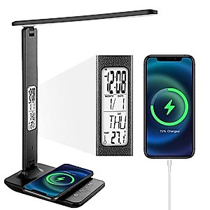 Yeslights Desk Lamp, LED Desk Lamp with Wireless Charger, Desk Lamps for Home Office, USB Charging Port, Desk Light with Clock, Alarm, Date, Temperature-Black