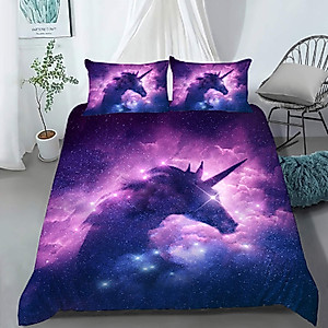AILONEN Unicorn Bedding Set, Kids Duvet Cover King Size for Teen Girls and Boys,Superior Kids Bed Sets,Microfiber Fabric,3 Piece,1 Comforter Cover and 2 Pillowcases,Purple Space Galaxy,No Comforter