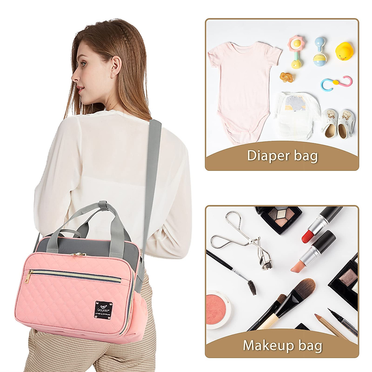 Crossbody Small Diaper Bag, Cute Mini Baby Diaper Tote Bags with Insulated Pockets for Traveling Outdoor Parent, Pink & Gray