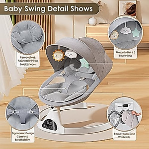Ixdregan Baby Swings for Infants - Exclusive App & Bluetooth Electric Baby Swing, Smart Sensor&Timing, 5 Speeds, 12 Preset Lullabies and Back-Up Pillow, Portable Baby Swing for Indoor/Outdoor(Grey)