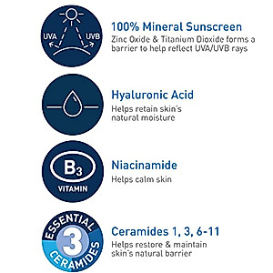 CeraVe 100% Mineral Sunscreen SPF 50 | Face Sunscreen with Zinc Oxide & Titanium Dioxide for Sensitive Skin | With Hyaluronic Acid, Niacinamide, and Ceramides | 2.5 oz