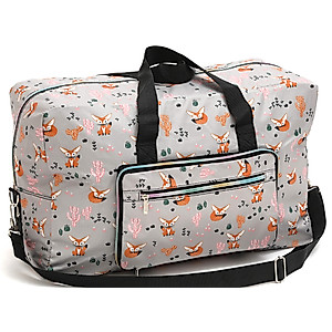 Foldable Large Travel Duffle Bag Waterproof Cute Overnight Carryon Weekender Bag for Women Girl (Grey Fox)