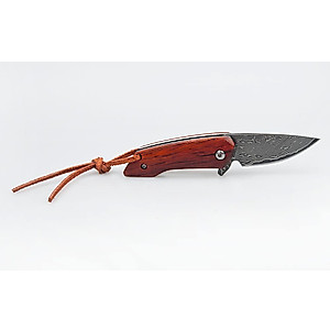 ILEAF Damascus Steel Folding Pocket Knife 2" Blade 3" Folded 5" Open, Liner Lock with Rosewood Handle Great for Camping Fishing Hiking