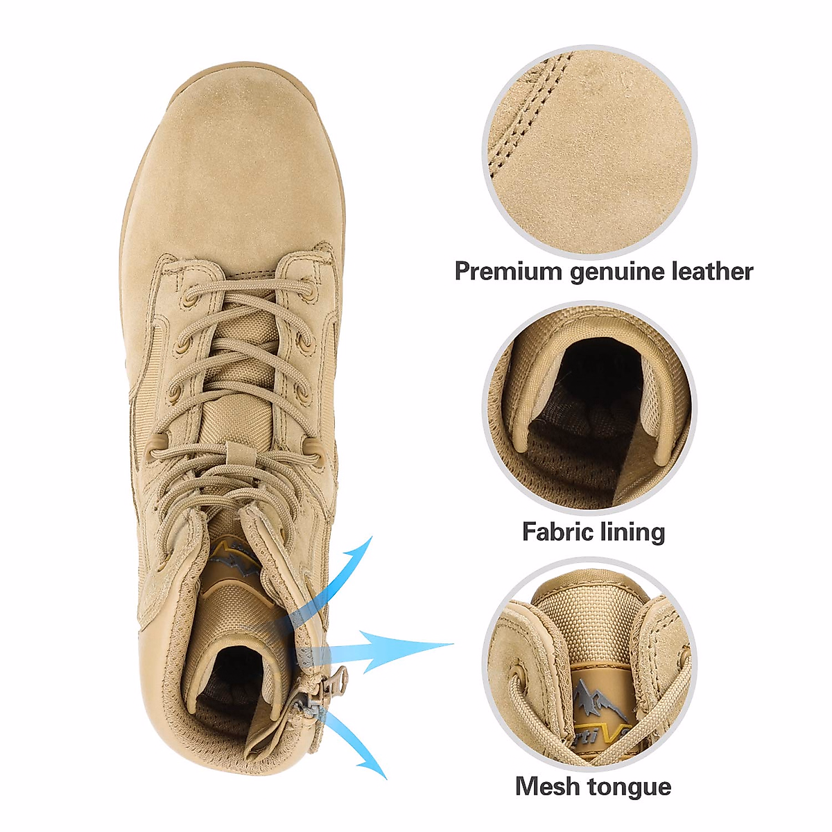 NORTIV 8 Mens Military Tactical Work Boots Hiking Side Zip 8 Inches Leather Outdoor Motorcycle Combat Boots Sand Size 10.5 M US Response