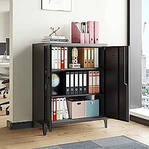AFAIF Metal Storage Cabinet with Lock, Free Standing Office Cabinet with Doors and Shelves, Lockable Steel Locker Storage Cabinet Black Side Cabinets for Home, Office, Garage and Utility Room,Hallway