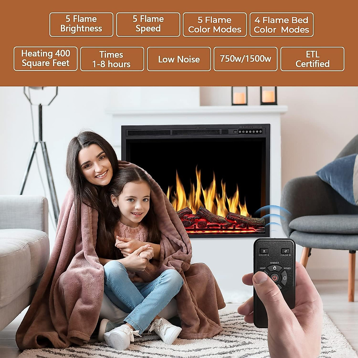 Havato 37 inch Electric Fireplace Inserts, Recessed Electric Stove Heater with Adjuatble Flame Colors, Log Colors, Flame Speed and Brightness, Remote Control & Time,750W/1500W