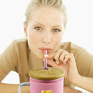 32 oz Glass Tumbler with Bamboo Mug 2 Straws & 2 Lids, Reusable Glass Water Bottles with Handle, Iced Coffee Cup with Silicone Sleeve, Boba and Drinking Straw Fits in Car Cup Holder BPA Free,Pink