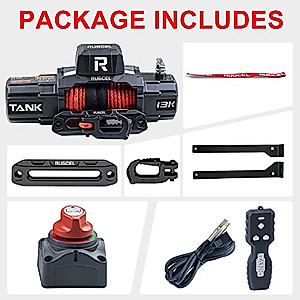 RUGCEL 13500lb Waterproof Electric Red Synthetic Rope Winch with Hawse Fairlead, Wired Handle and 2 Wireless Remote (TANK13500 RED)