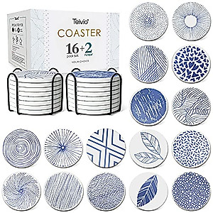 Absorbing Stone Coasters for Drinks Cork Base, with 2 Holder, for Housewarming, Apartment Kitchen Room Bar Decor, Suitable for Wooden Table, Set of 16 (Blue)