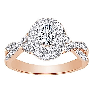 AFFY 0.62 CT White Natural Diamond Oval Shape Twist Shank Double Halo Engagement Wedding Ring In 14k Rose Gold With Ring Size 11.5