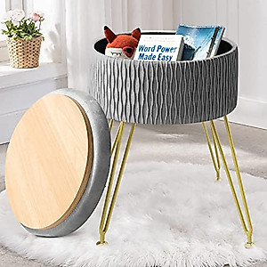 GERANT Velvet Storage Ottoman Vanity Stools - Multifunctional Upholstered Pleated Round Footrest with Golden Metal Legs,Removable Coffee Table Top Cover,Suitable for Living Room,Bedroom(Gray)