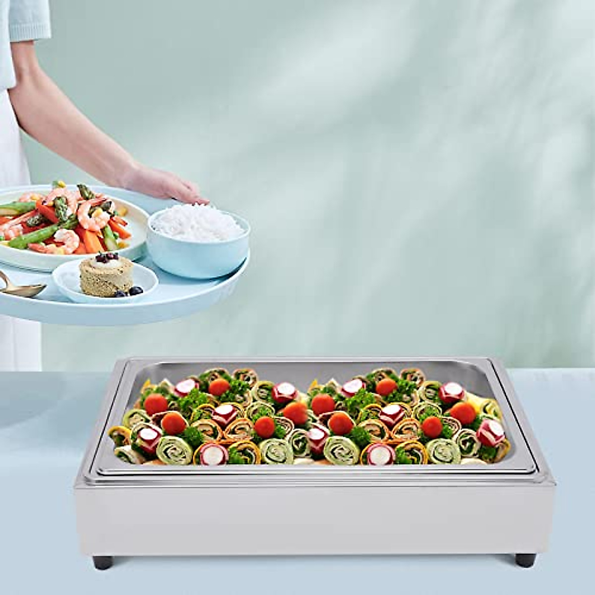 Stainless Steel Buffet Set, 300W Commercial Food Warmer, Full-Size 1 Pot Steam Table with Lid, Electric Food Warmers, Grade Stainless Steel Buffet Equipment, Fits 20.87 x 13 Pan