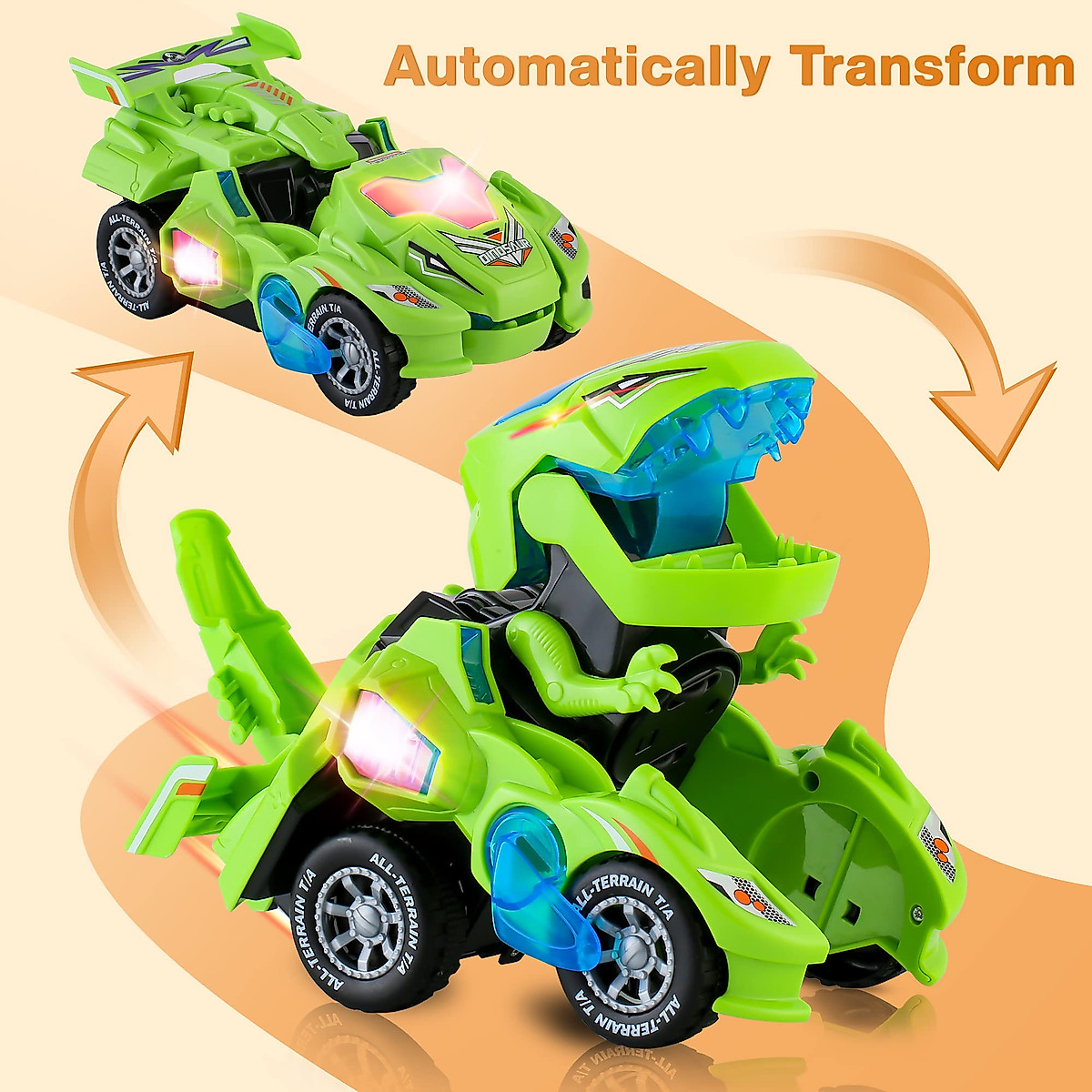 Hirger Transforming Car Dinosaur Toy for Kids 2-5: Dino Transformer Toy Car with Light Music for Toddlers 1-3 | Christmas Birthday Gifts for Boys Age 4-6