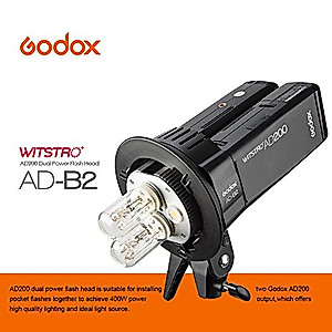 Godox AD-B2 Dual Power Twin Head Bowens Mount to Install 2 Godox AD200 or AD200 Pro Pocket Flash or Flashpoint eVOLV 200 TTL Modular Strobe Light Together to Achieve 400W Power Output