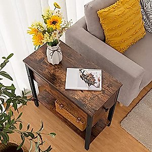 HOOBRO Side Table, 2-Tier Nightstand with Drawer, Narrow End Table for Small Spaces, Stable and Sturdy Construction, Wood Look Accent Furniture with Metal Frame, Rustic Brown and Black BF04BZ01