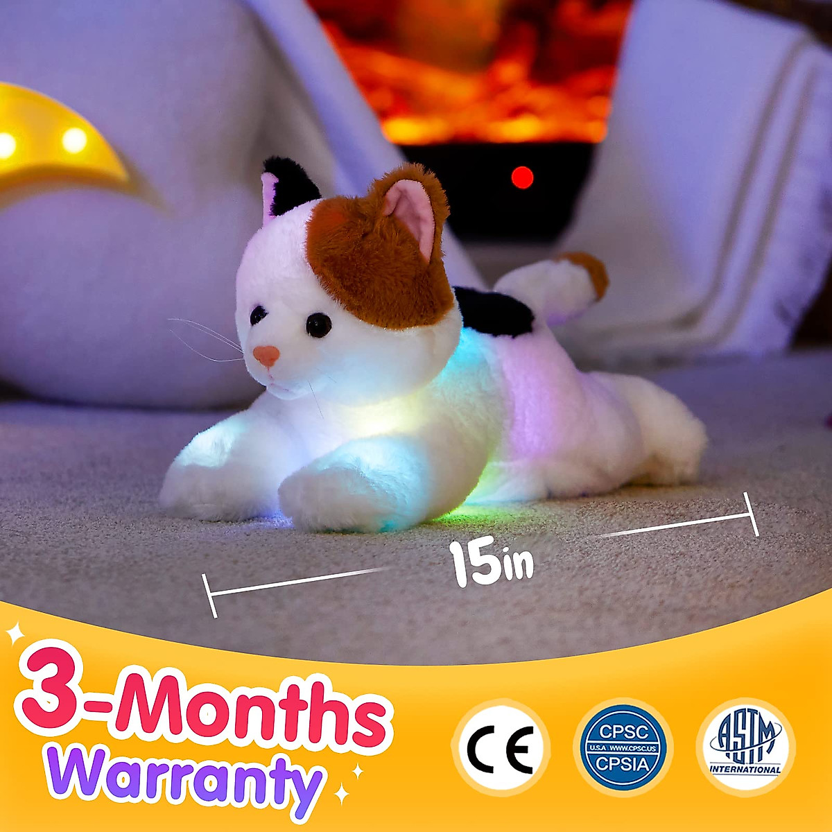 Glow Guards Light up Calico Cat Stuffed Animal LED Soft Kitty Plush Toy Pillow with Night Lights Lullaby Birthday Children's Day Gifts for Toddler Kids, 15''